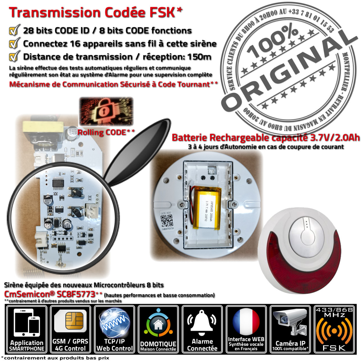 Sirène d'intérieur FSK MD-214RF pour maisons, bureaux et commerces